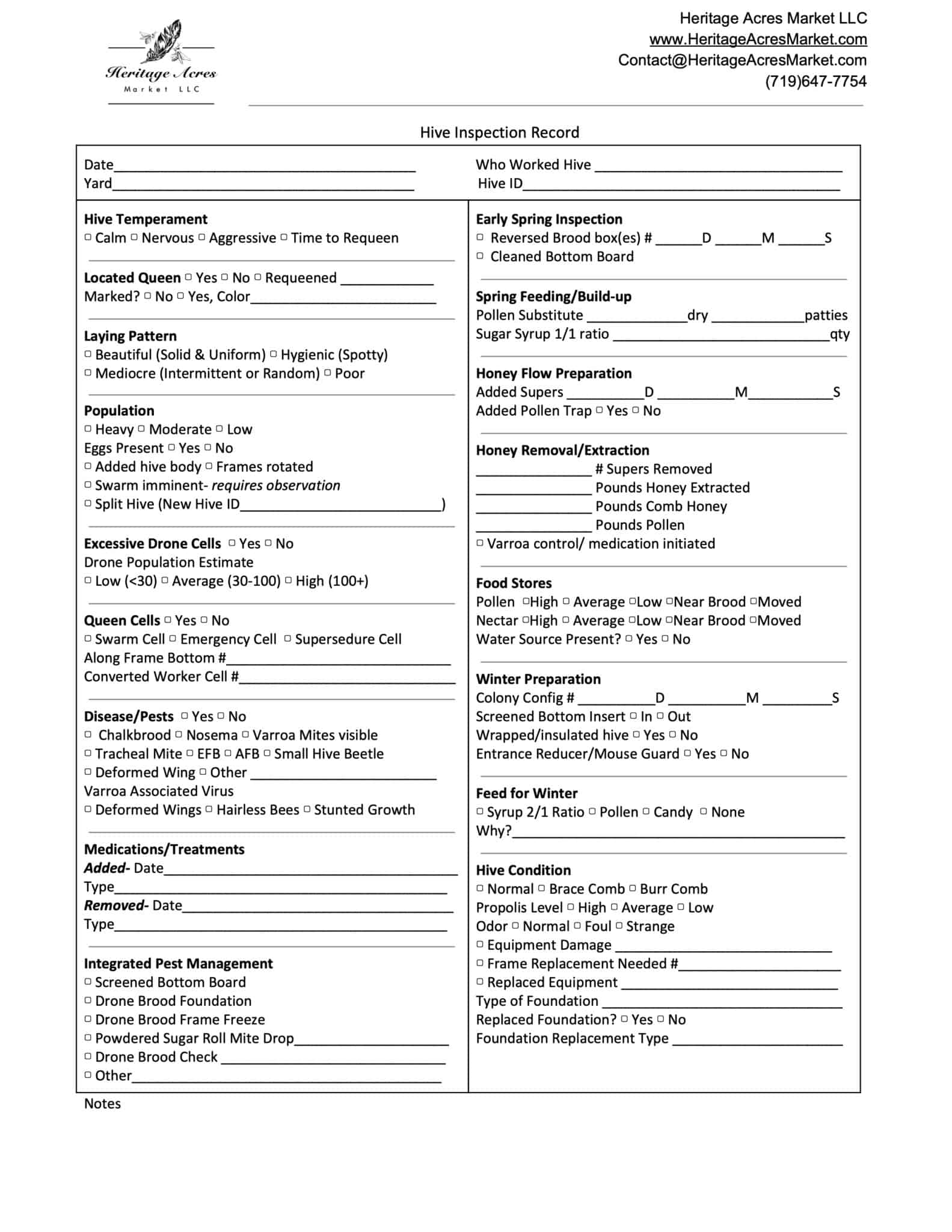 Hive Inspection Form for Beekeepers - Heritage Acres Market LLC